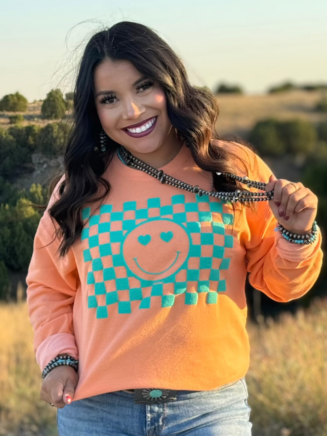 Smiley Face in Turquoise Puff Ink Sweatshirt by Texas True Threads – Horse Creek Boutique
