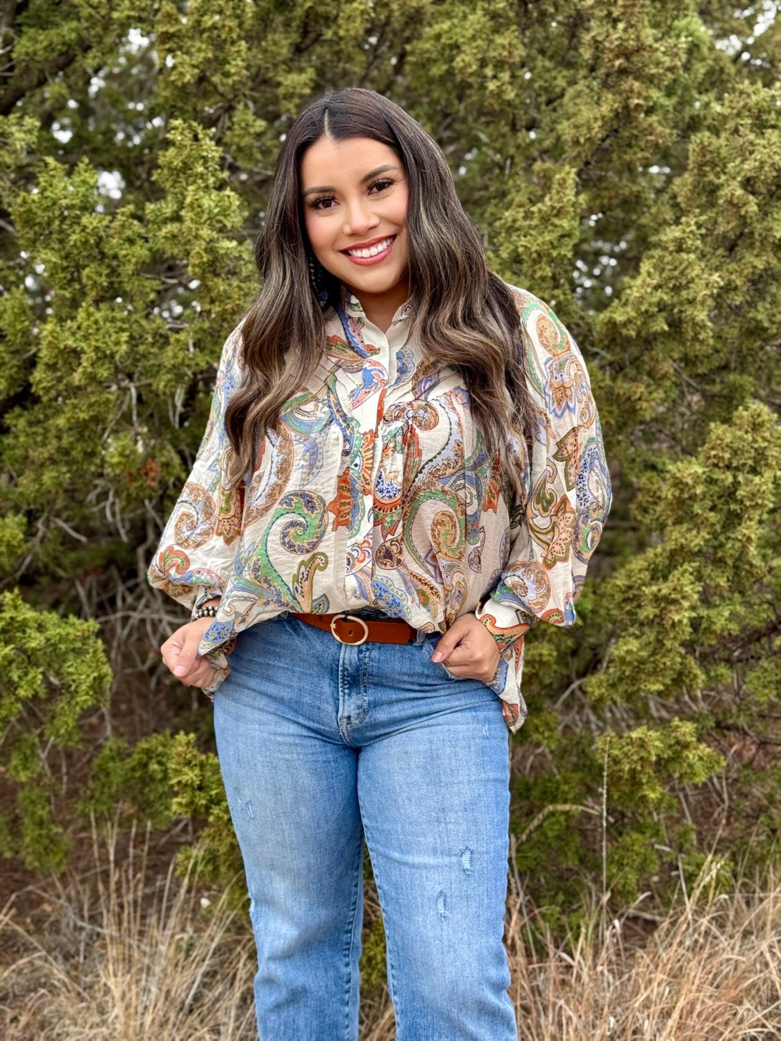 Susan Cream & Blue Paisley Blouse – Horse Creek Boutique